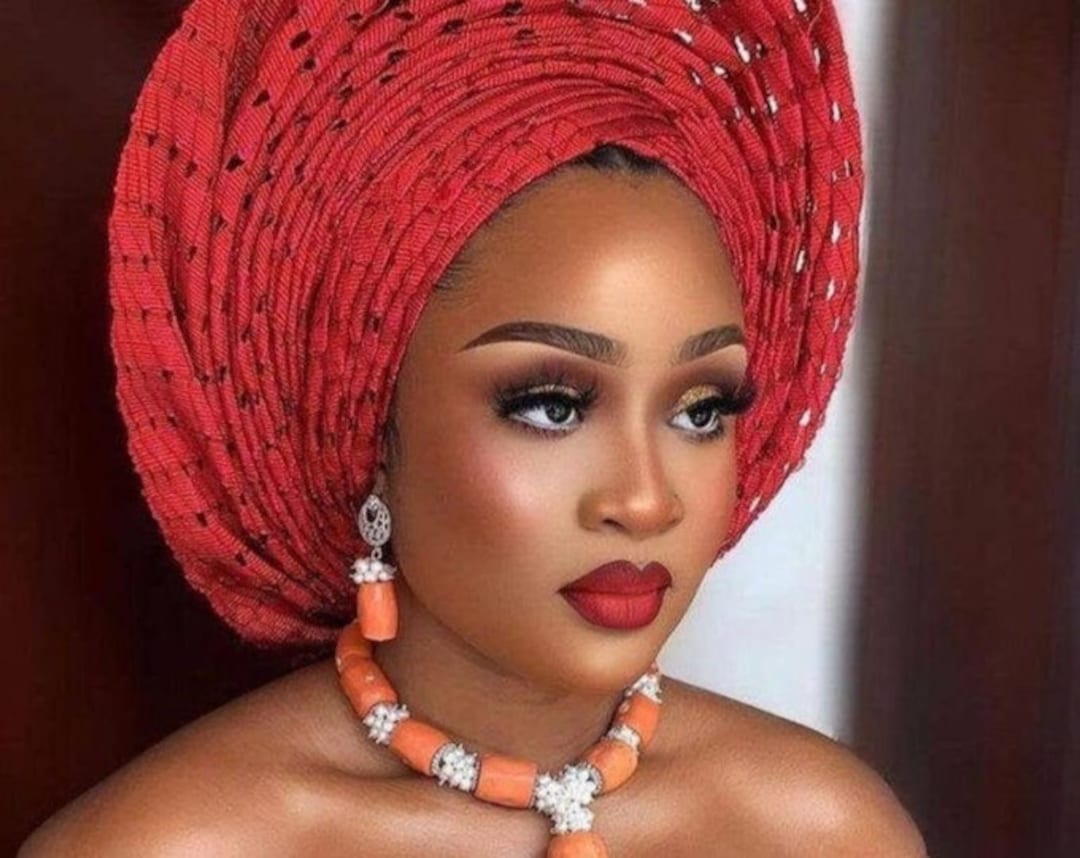 Red Auto Gele, Pre Tied Headdress, African Head Tie, Nigerian Aso Oke ...
