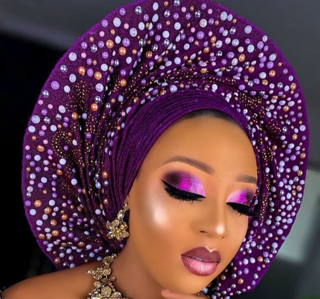 Purple Auto Gele, Pre Tied Headdress, African Head Tie, Nigerian Aso ...