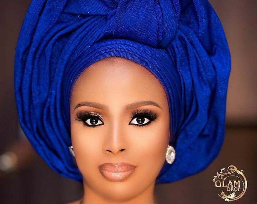 Blue Auto Gele, Pre Tied Headdress, African Head Tie, Nigerian Aso Oke ...