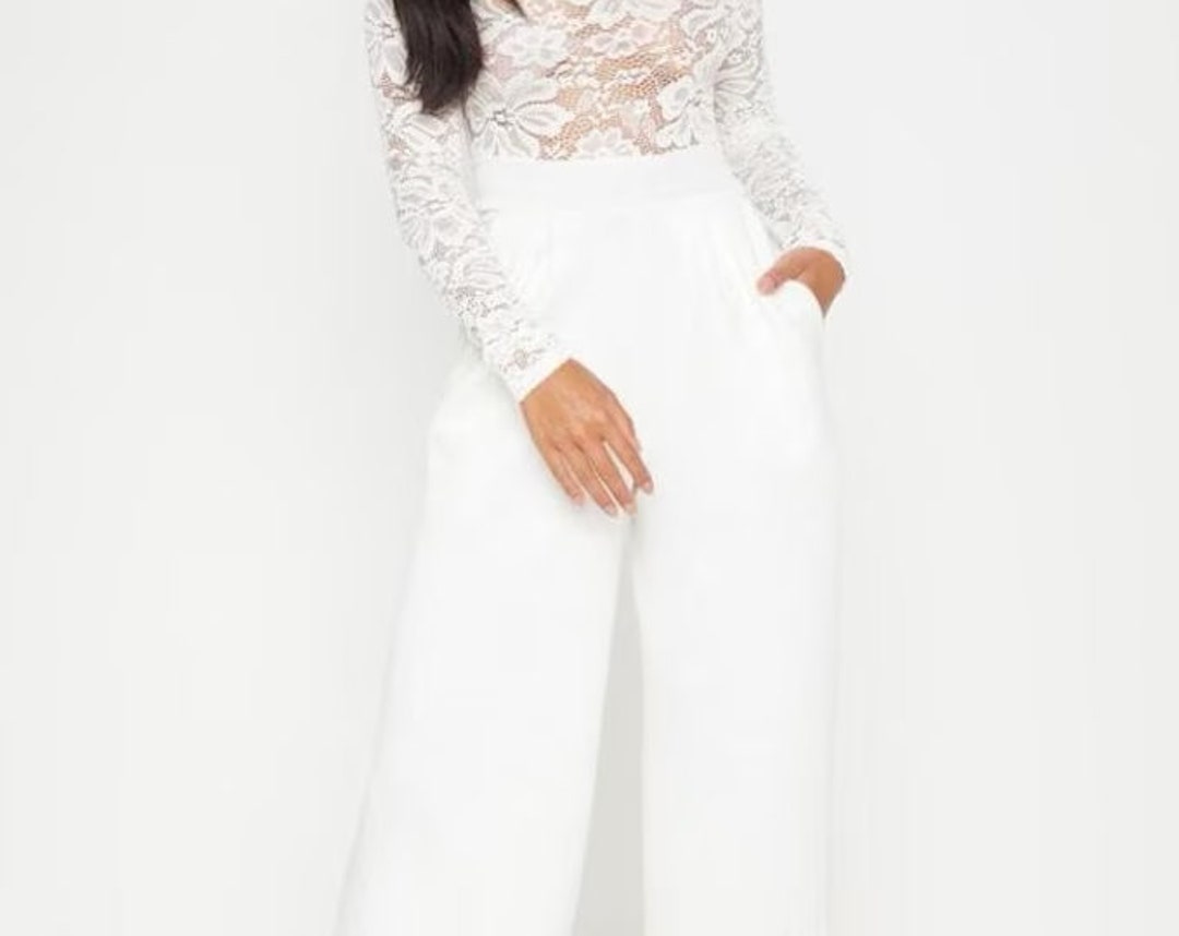 White Bridal Long Sleeve Jumpsuit, Prom Jumpsuit, Women Fashion ...