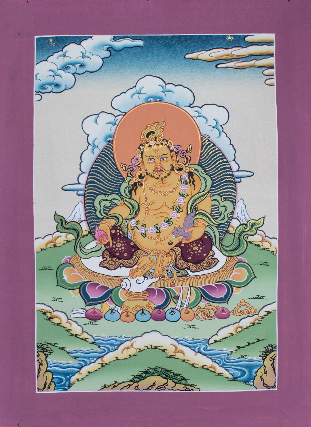 Dzambhala Wealth Deity Thangka Hand-painted Tibetan Art Gilded Tantric ...