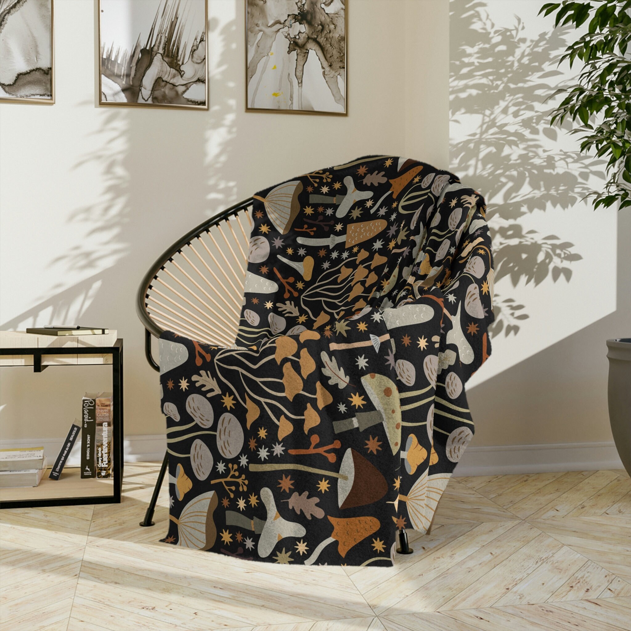 Black Midcentury Modern Mushroom Blanket, Cottagecore Mushie Throw ...