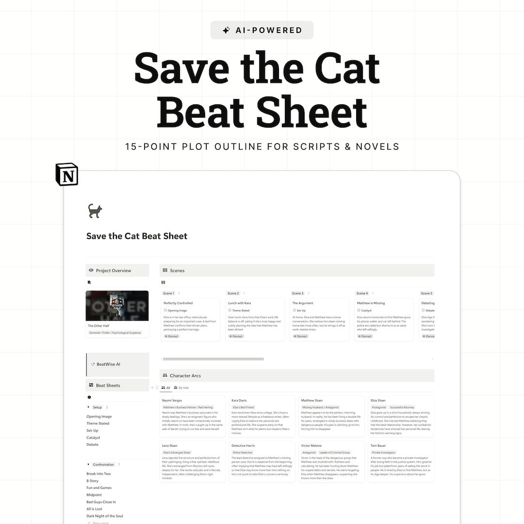 Save the Cat Beat Sheet Notion Template | Screenwriting Structure Tool | 15-point Plot Outline ...