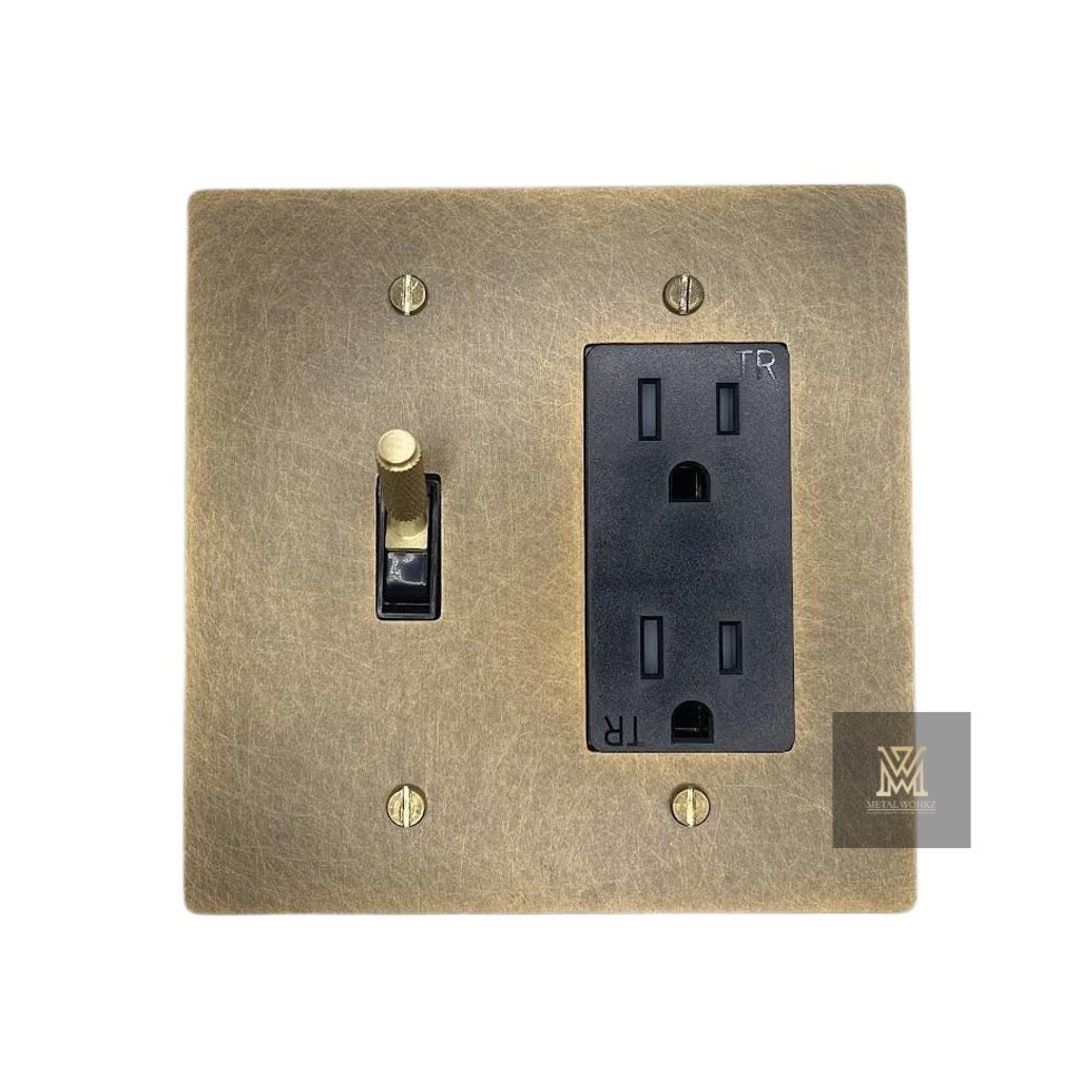 Solid Brass Knurled Toggle Switch Duplex Outlet 2-gang Vintage Patina ...