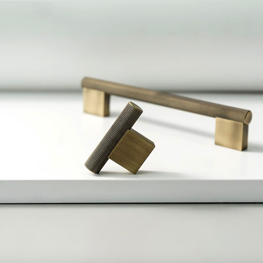 Brushed Antique Brass Solid Handle, Cabinet Handle Brass, Knurled T Bar ...
