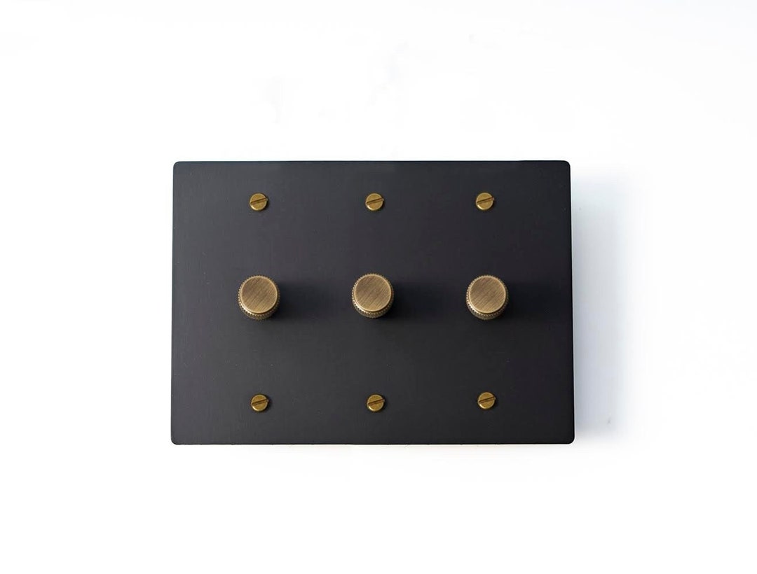 Matte Black With Antique Brass Knurled Metal Dimmer Light Switch 3-gang ...