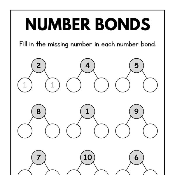 10 Printable Number Bonds Math Worksheets, Numbers 1 to 20 ...