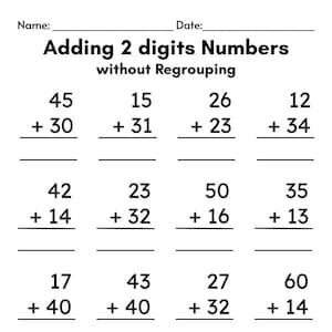 Double Digit Addition Worksheet: No Regrouping, Grade 1-2 (digital ...