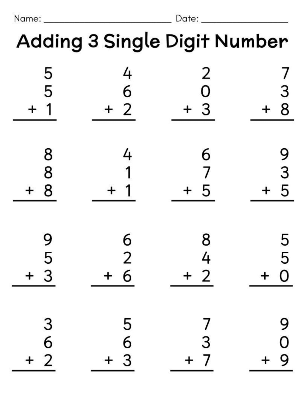 Adding 3 Single Digit Number Sums, Addition Sums With Numbers 0-9 ...