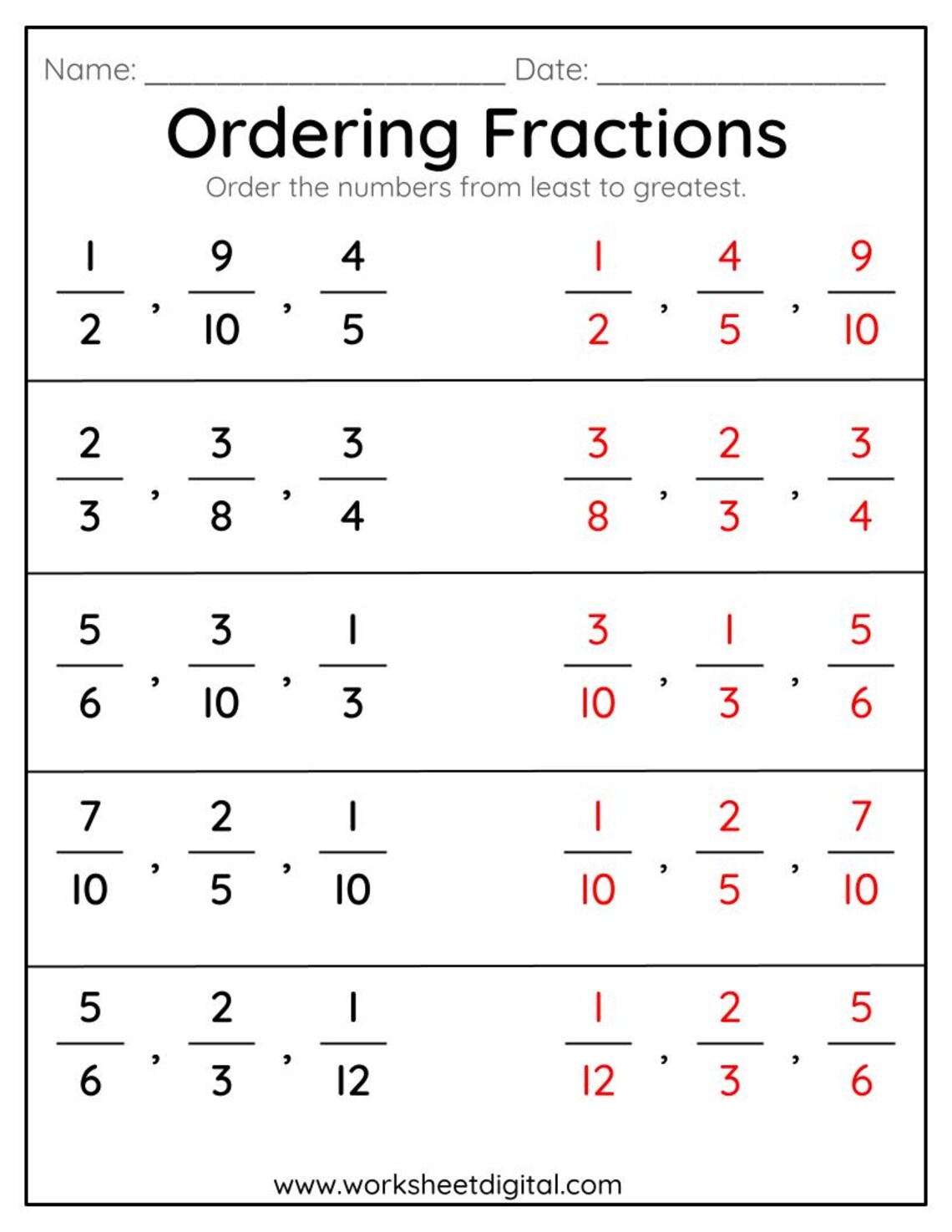 Ordering Fractions Math Printable Worksheets for Grade 3, Homework ...