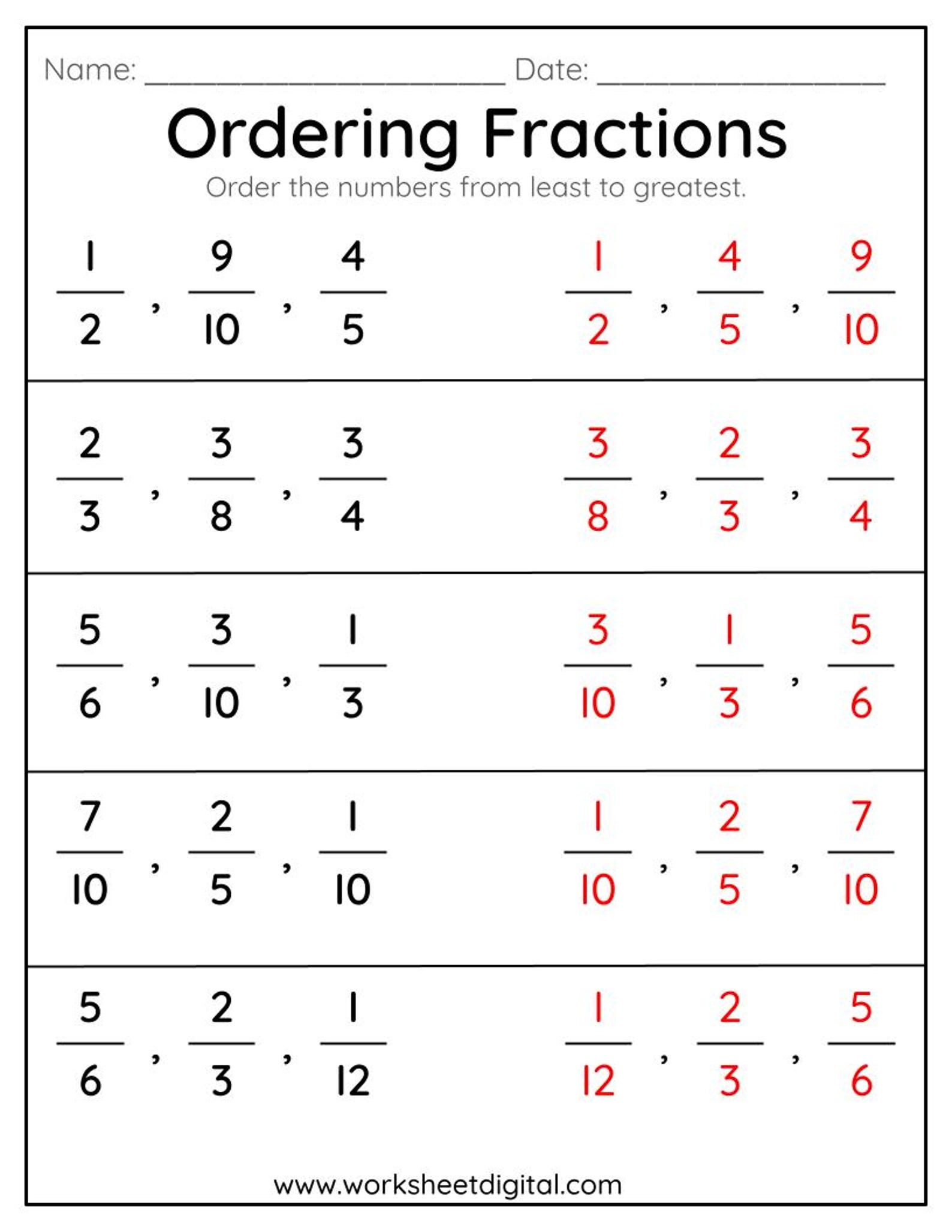 Ordering Fractions Math Printable Worksheets for Grade 3, Homework ...