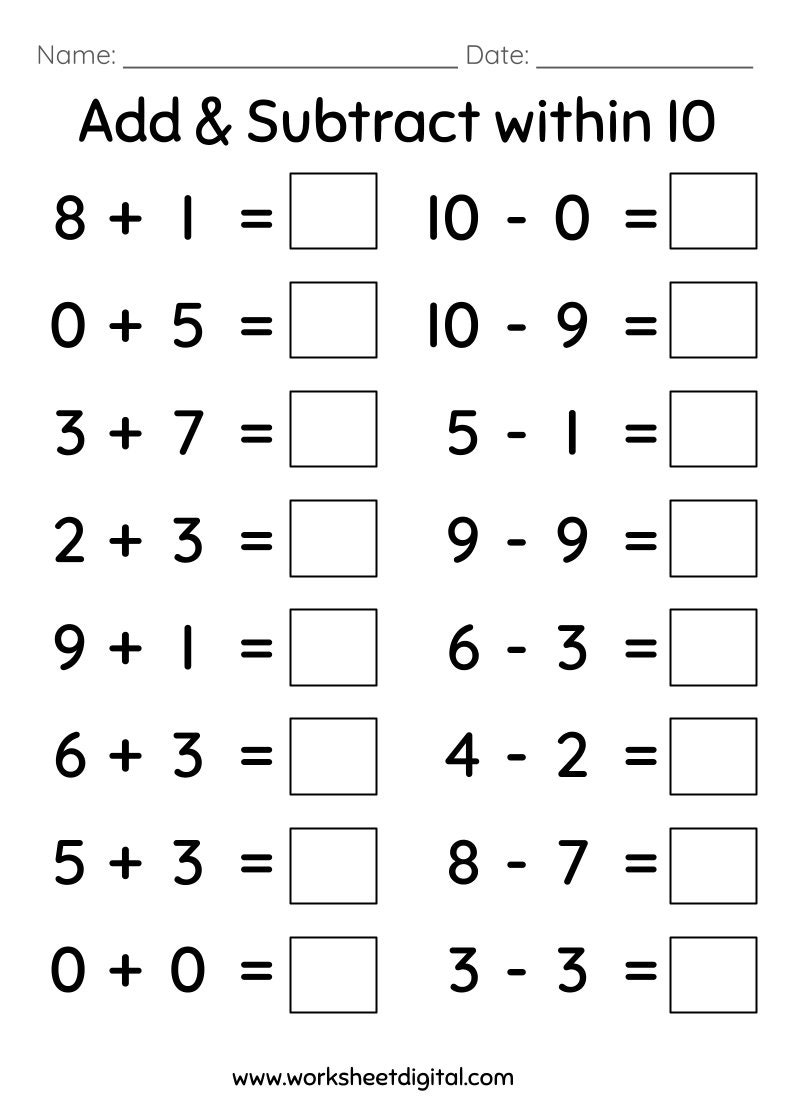 Addition & Subtraction Worksheets: Numbers to 10 (PDF) - Etsy
