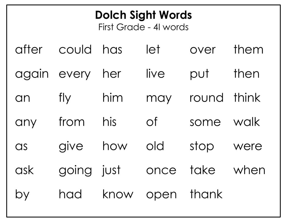 Printable Dolch First Grade Sight Words Flashcards 41 Cards, Child ...