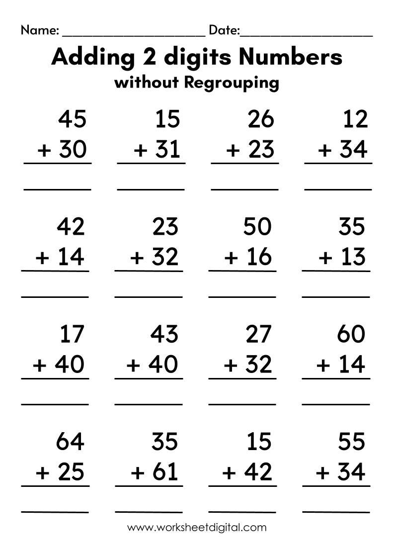 Double Digit Addition Worksheet: No Regrouping, Grade 1-2 (digital ...