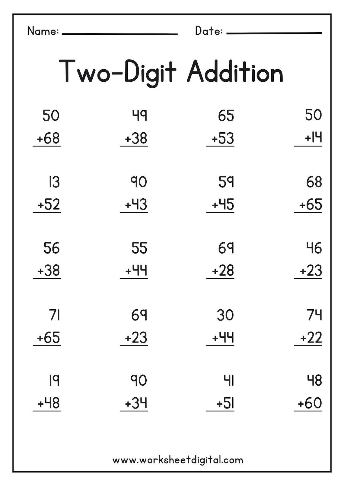 Two-digit Addition Worksheet: 100 Sums, Grades 1-2 (PDF) - Etsy