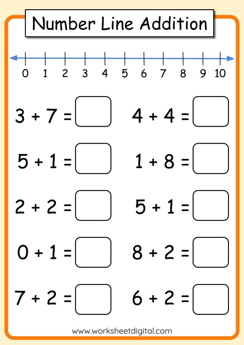Printable 50 Number Line Addition to 10 Sums, Grade 1 & 2, Home School ...