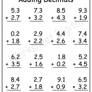 Grade 3 Adding Decimals Worksheet: Big Font Math (PDF) - Etsy