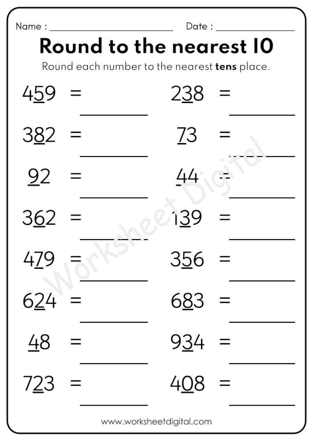 Rounding to Nearest 10 Worksheet: Grade 3-4 Math (PDF) - Etsy