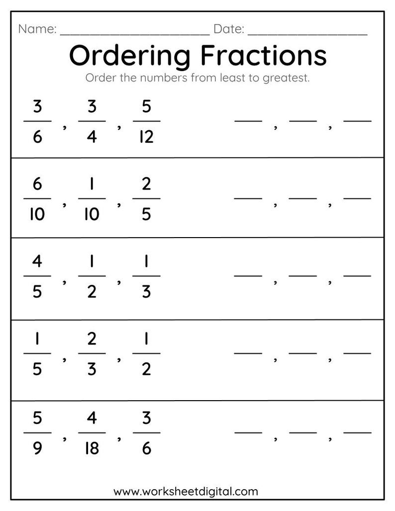 Ordering Fractions Math Printable Worksheets for Grade 3, Homework ...