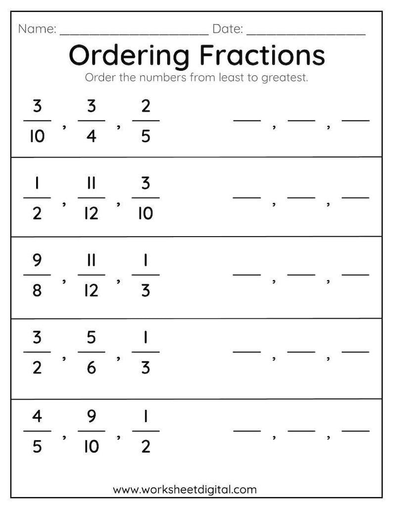 Ordering Fractions Math Printable Worksheets for Grade 3, Homework ...