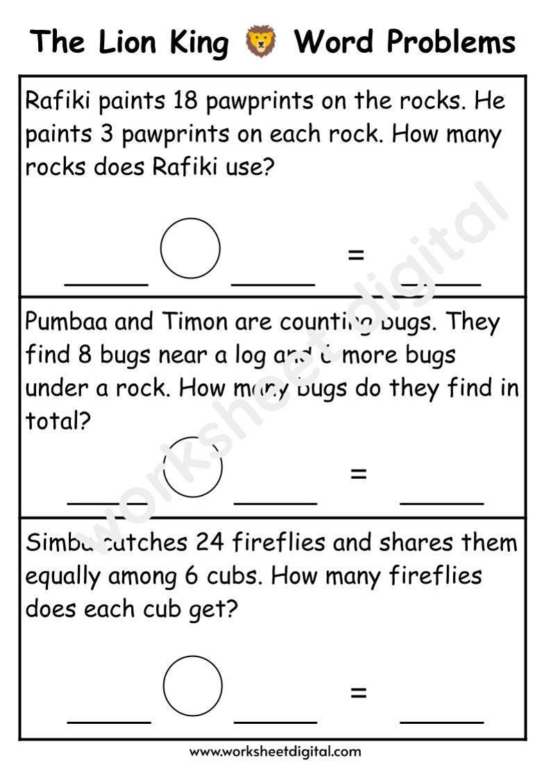 One Step Word Problems the Lion King Theme PDF, Word Problems Worksheet ...