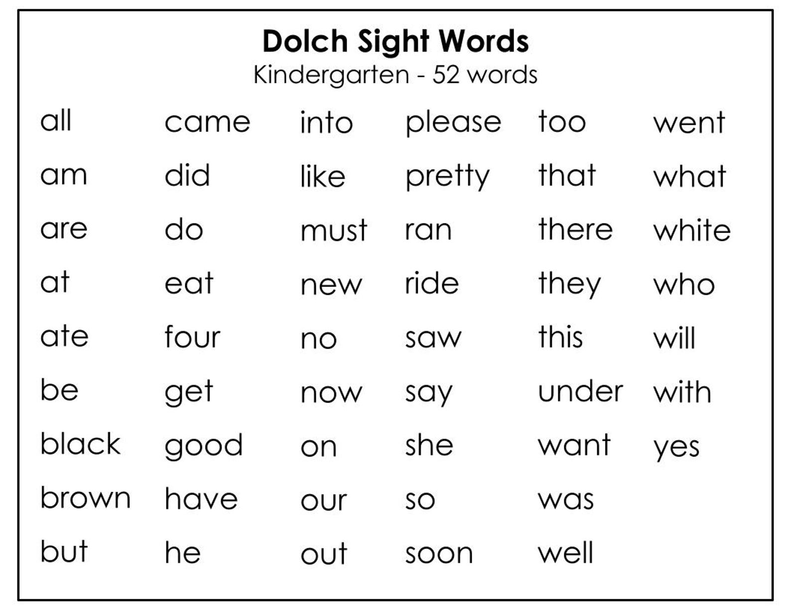 Printable Dolch Kindergarten Sight Words Flashcards 52 Cards, Child ...