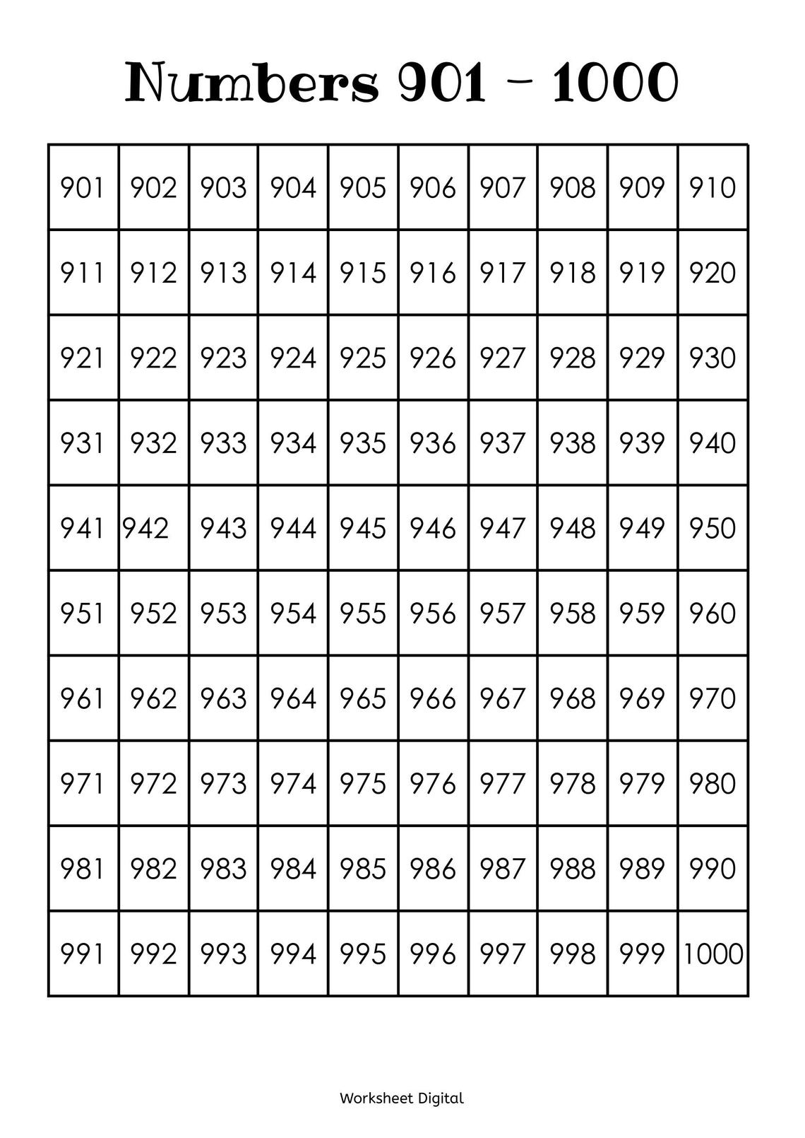 Number Charts 1 - 1000 | Printable Black & White | Homeschool ...