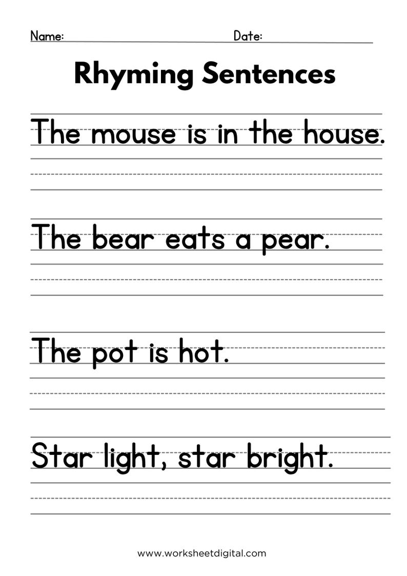 Rhyming Sentences Writing Worksheet: Grades 1-3 (PDF Download) - Etsy