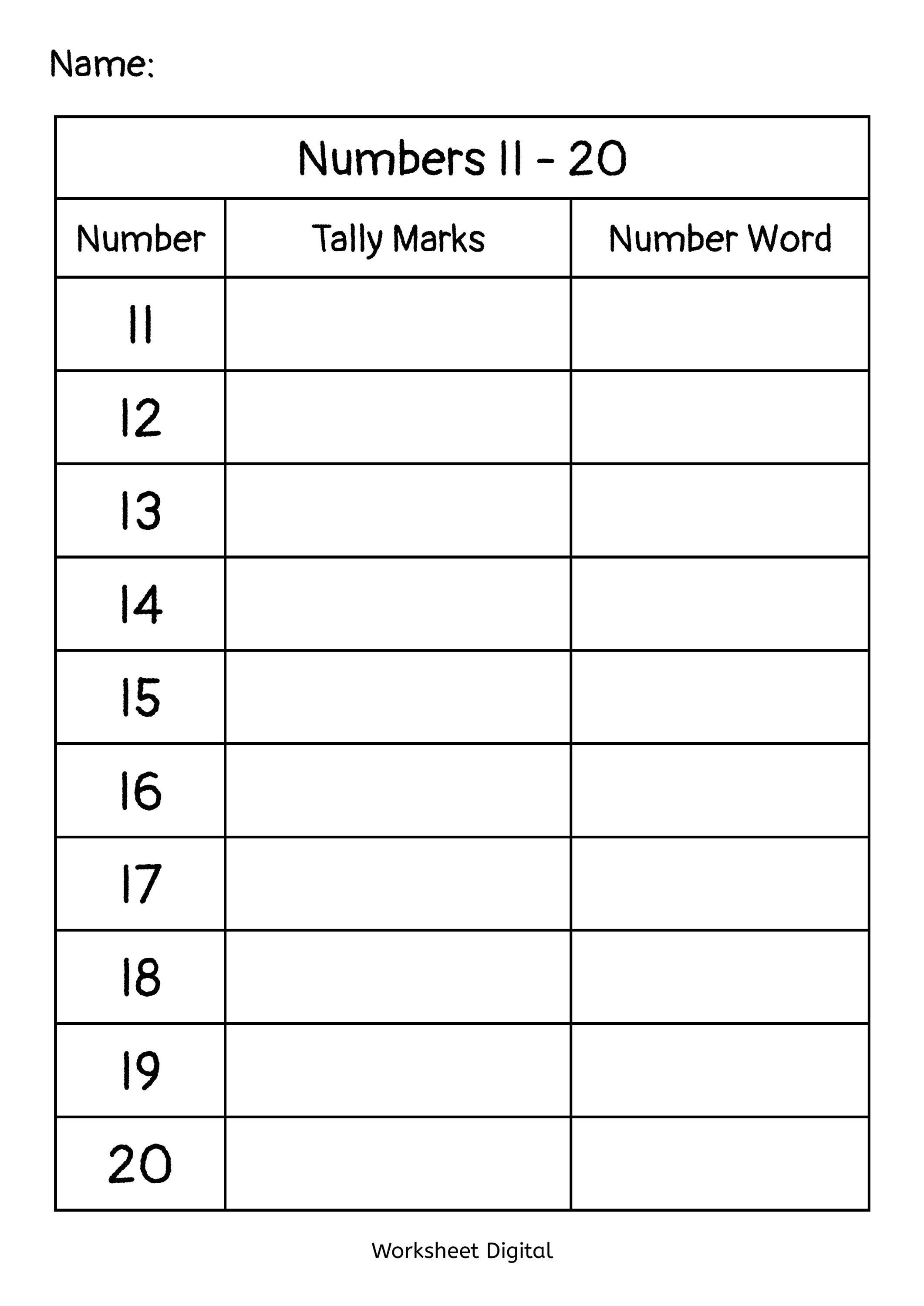 Numbers 1 - 20, Number Words and Tally Marks Printable Worksheet ...