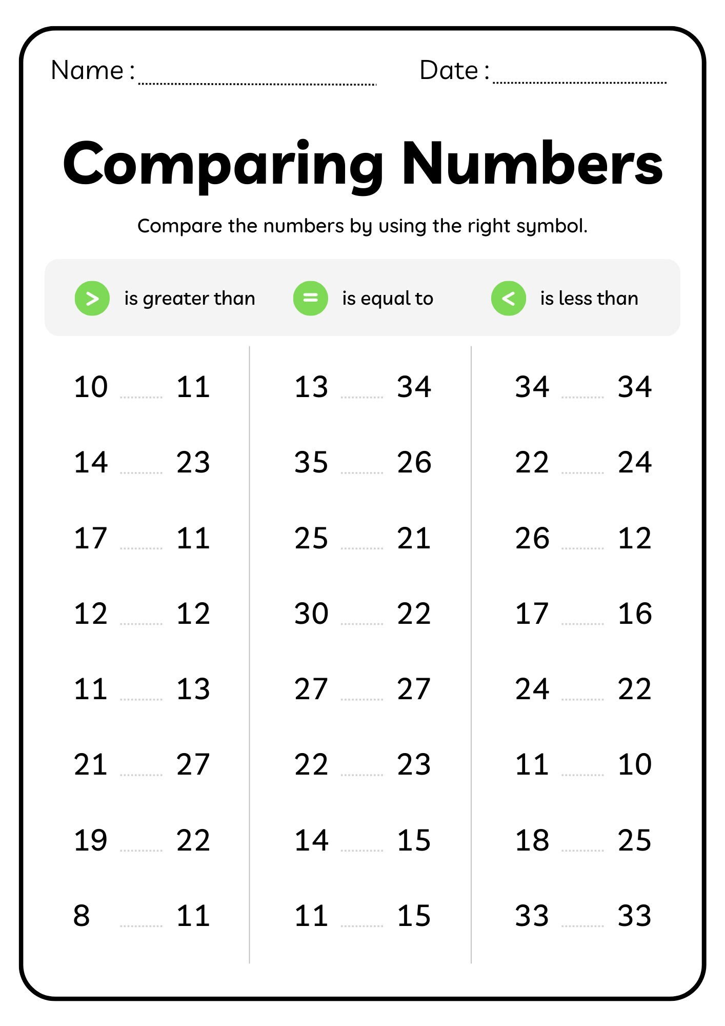 Comparing Numbers Math Worksheets for Grade 1, 2, Homework, Revision ...