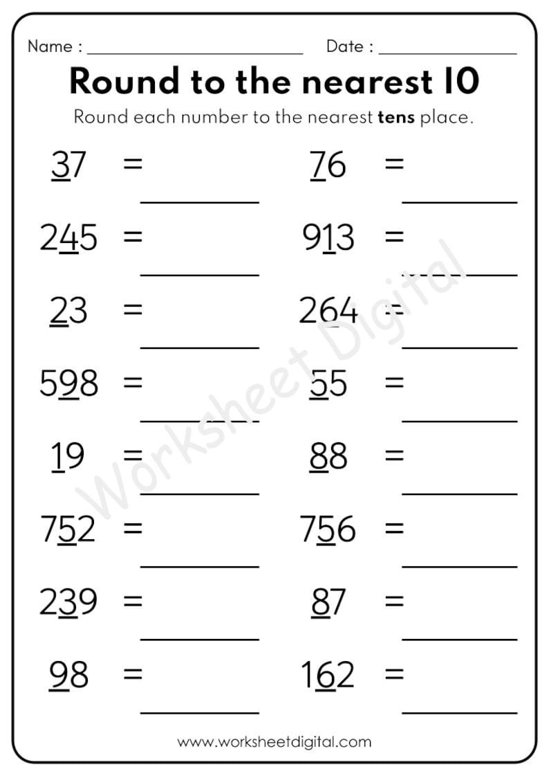 Rounding to Nearest 10 Worksheet: Grade 3-4 Math (PDF) - Etsy