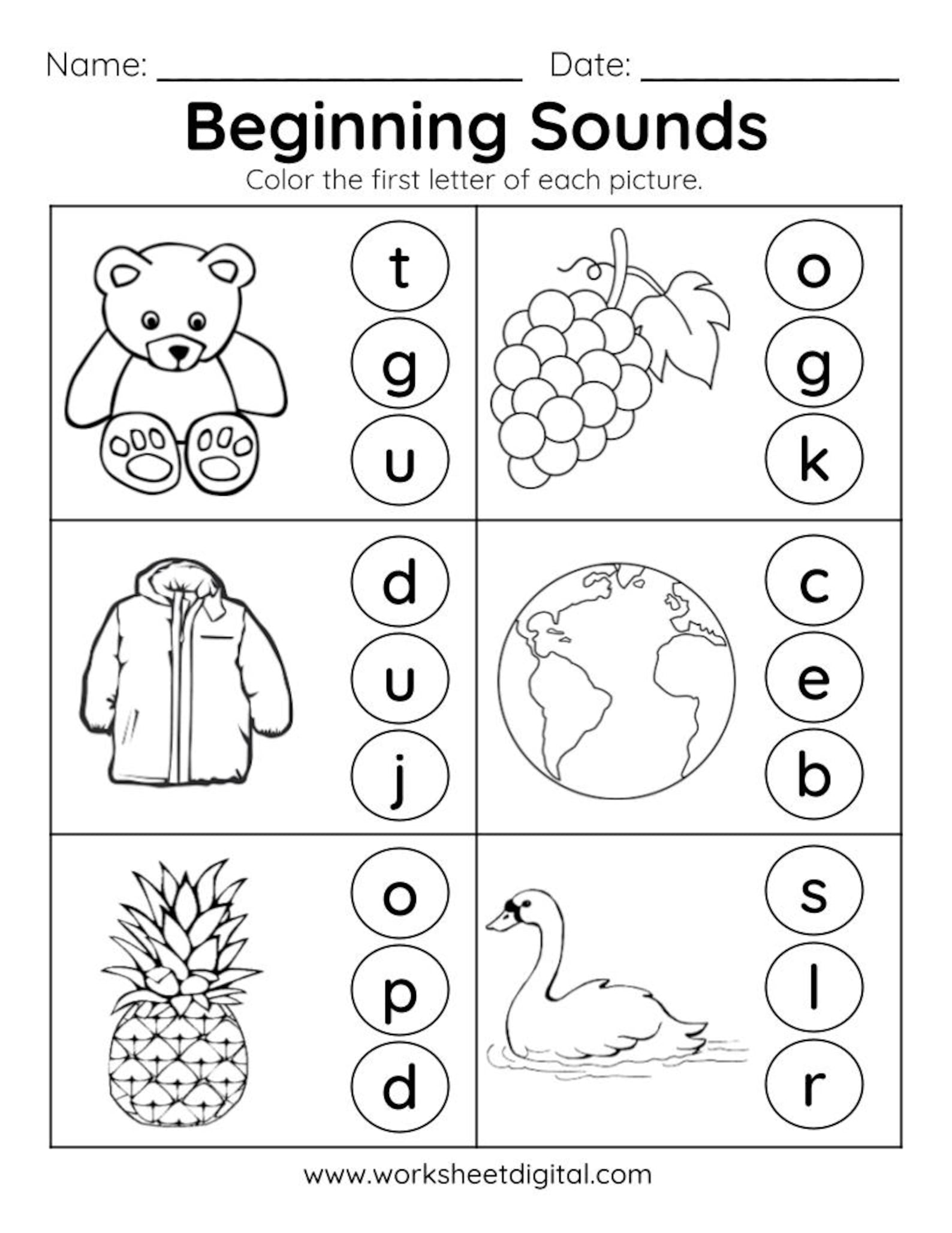 Beginning Sounds Printable Worksheets: Kindergarten Homework (digital ...