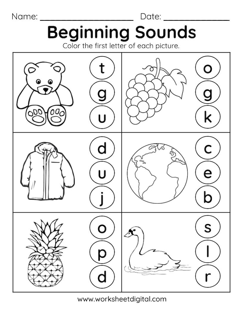 Beginning Sounds Printable Worksheets: Kindergarten Homework (digital ...
