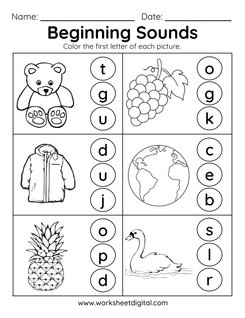 Beginning Sounds Printable Worksheets: Kindergarten Homework (digital ...