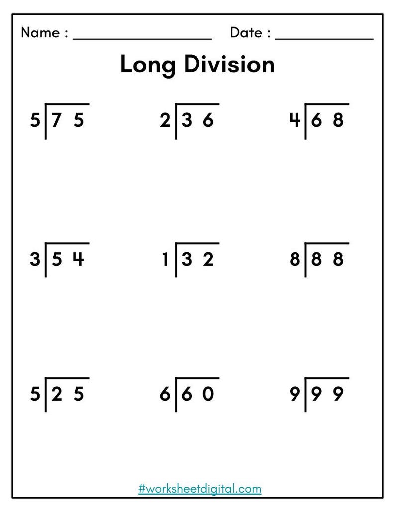 3rd Grade Long Division Worksheets: Math Problems (PDF) - Etsy