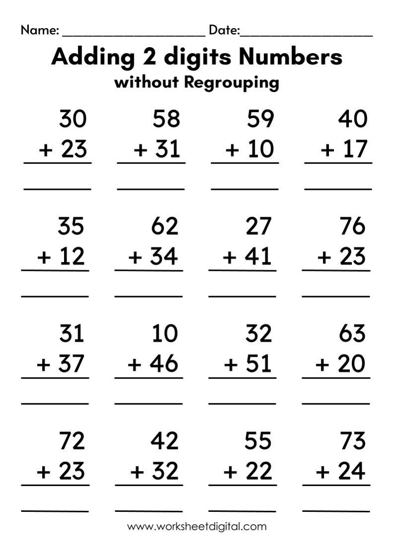 Adding 2 Digit Numbers Without Regrouping, 80 Double Digit Addition No ...
