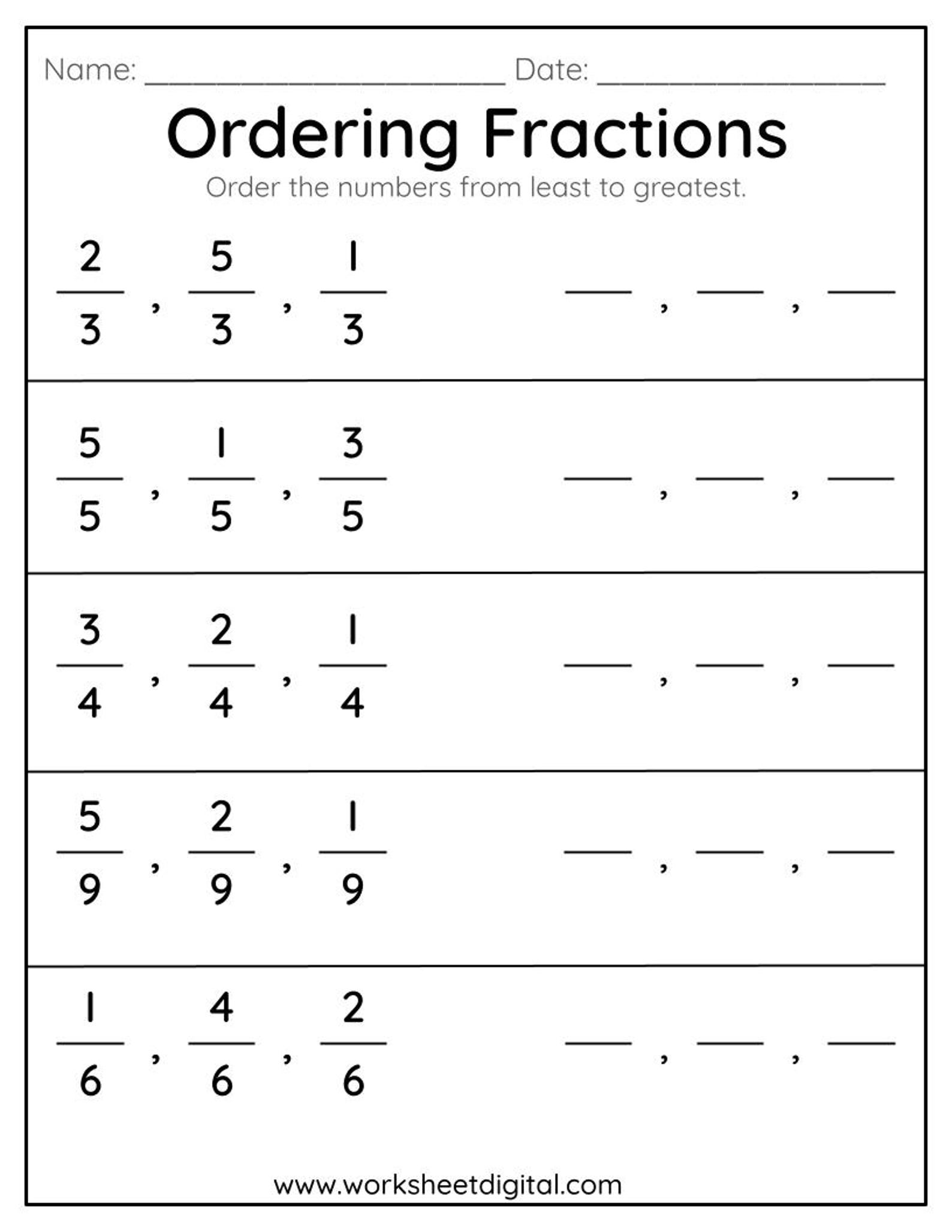 Ordering Fractions Math Printable Worksheets for Grade 3, Homework ...