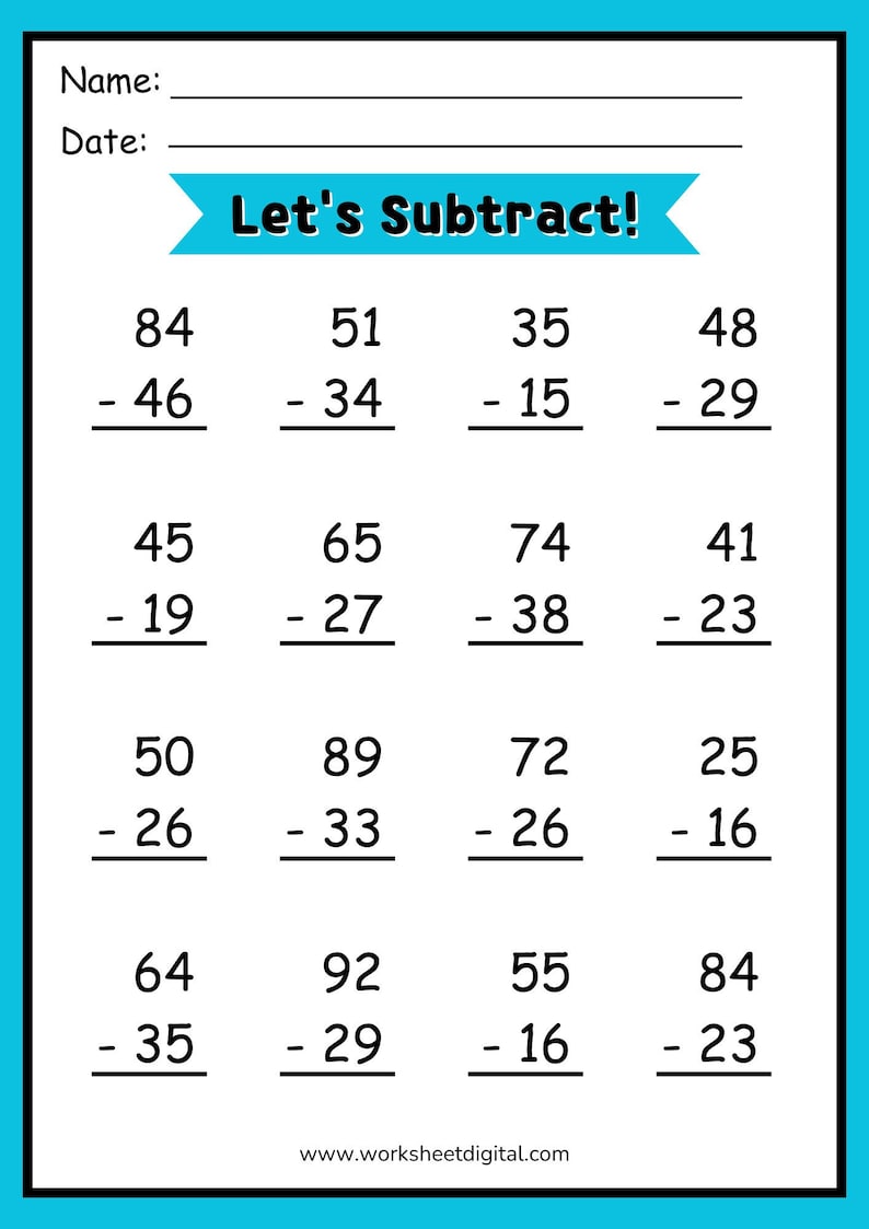 Printable 80 Double Digit Subtraction Regrouping Sums, Grade 1 & 2 ...