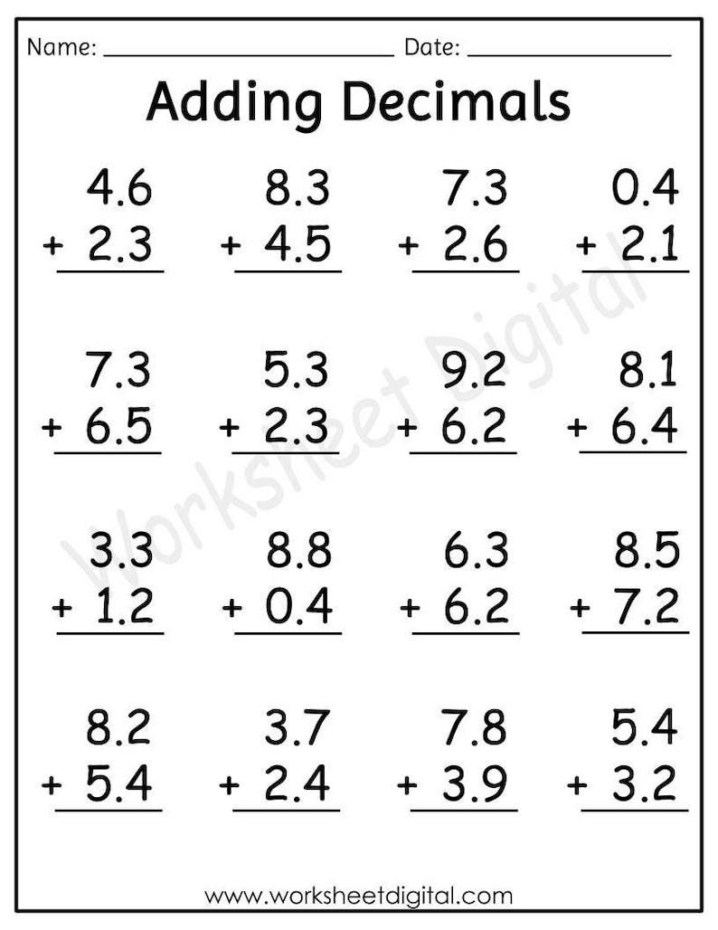 Grade 3 Adding Decimals Worksheet: Big Font Math (PDF) - Etsy