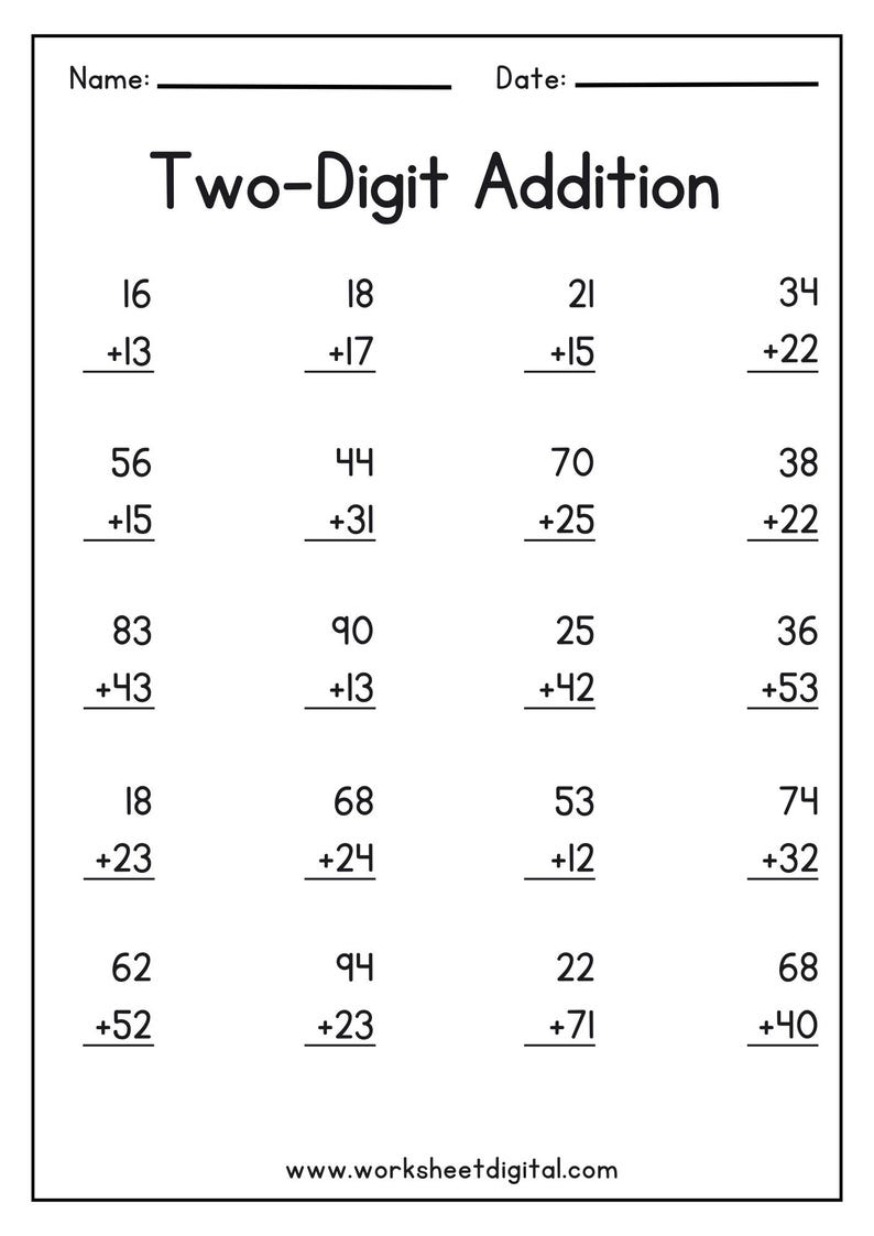 Two-digit Addition Worksheet: 100 Sums, Grades 1-2 (PDF) - Etsy