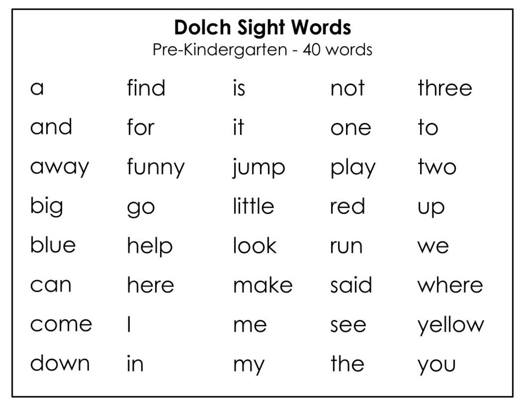 Printable Dolch Pre-kindergarten Sight Words Flashcards 40 Cards, Child ...