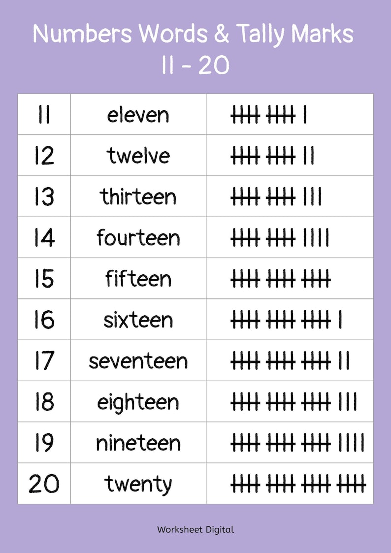 Numbers 1 20, Number Words and Tally Marks Printable Worksheet Kindergarten Homeschool Busy Book ...
