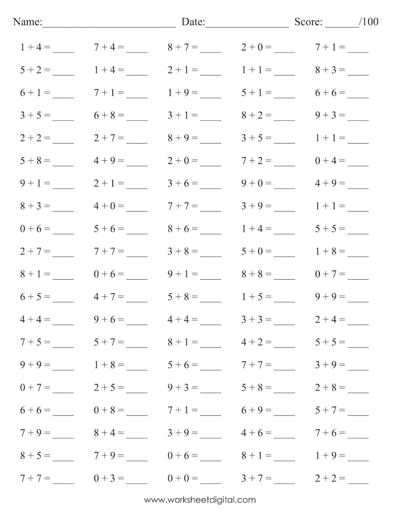 Timed Math Drills, Printable Math Addition, Numbers 0 to 9, Practice ...