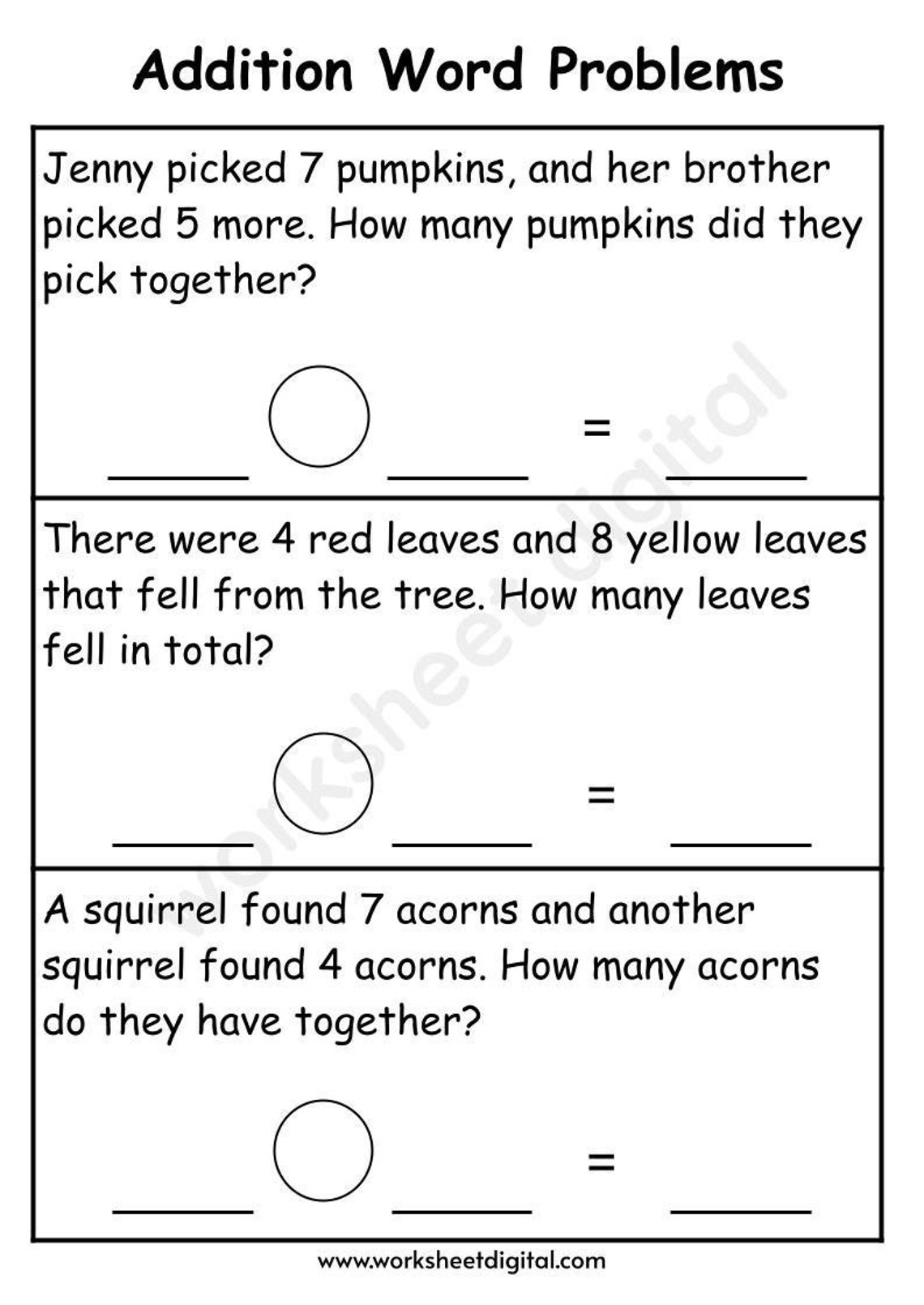 Autumn Word Problems Worksheet: 1st-2nd Grade Math (PDF) - Etsy