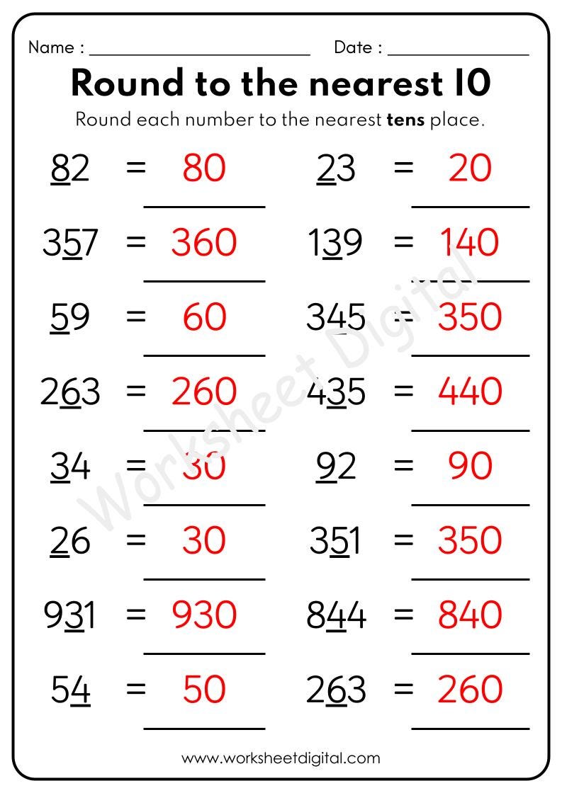 Rounding to Nearest 10 Worksheet: Grade 3-4 Math (PDF) - Etsy UK