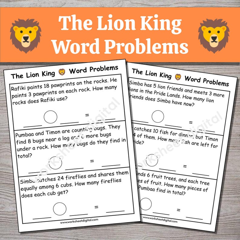 The Lion King One Step Word Problems All Operations PDF, Word Problems ...