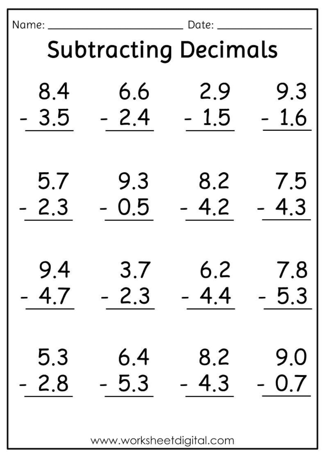 80 Two Digit Decimal Subtraction Sums, Printable Large Font, Grade 1 ...