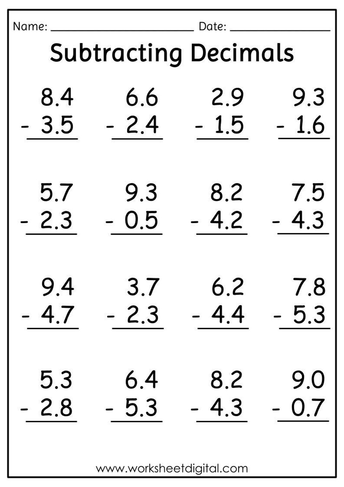 Two-digit Decimal Subtraction Worksheet: Grade 1-2 Practice (PDF) - Etsy