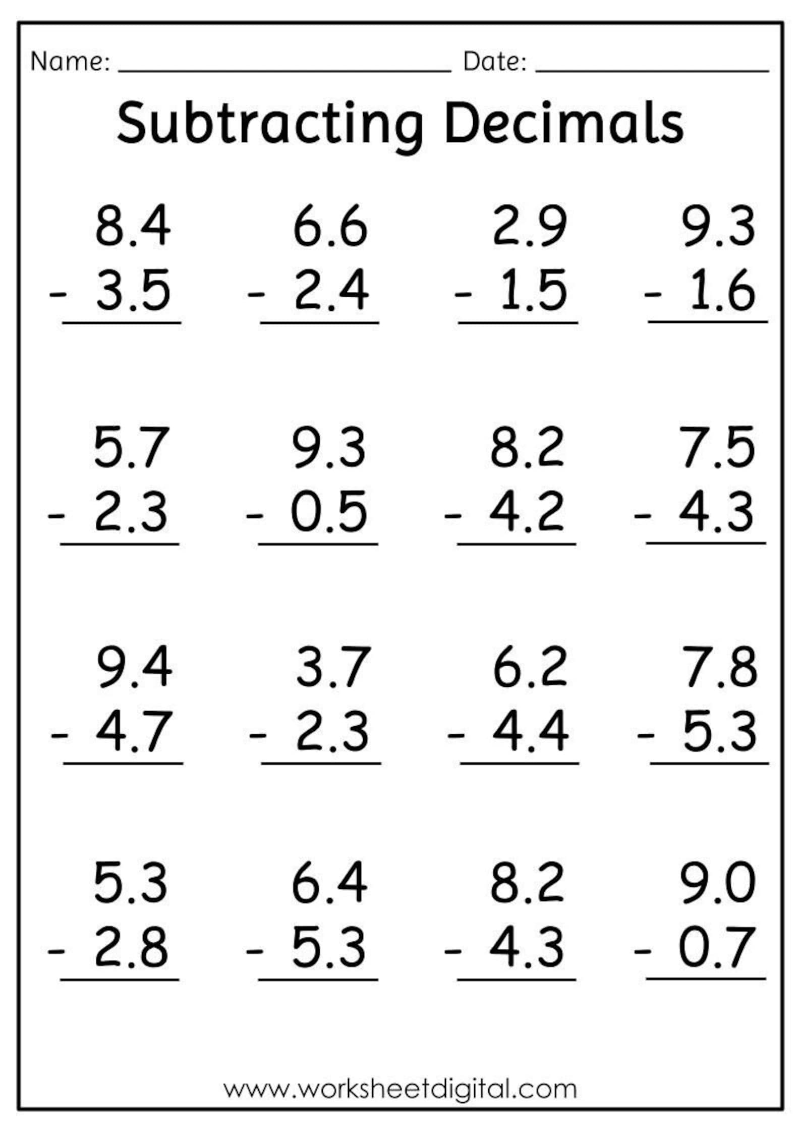 Two Digit Decimal Subtraction Sums, Printable Large Font, Grade 1 & 2 ...