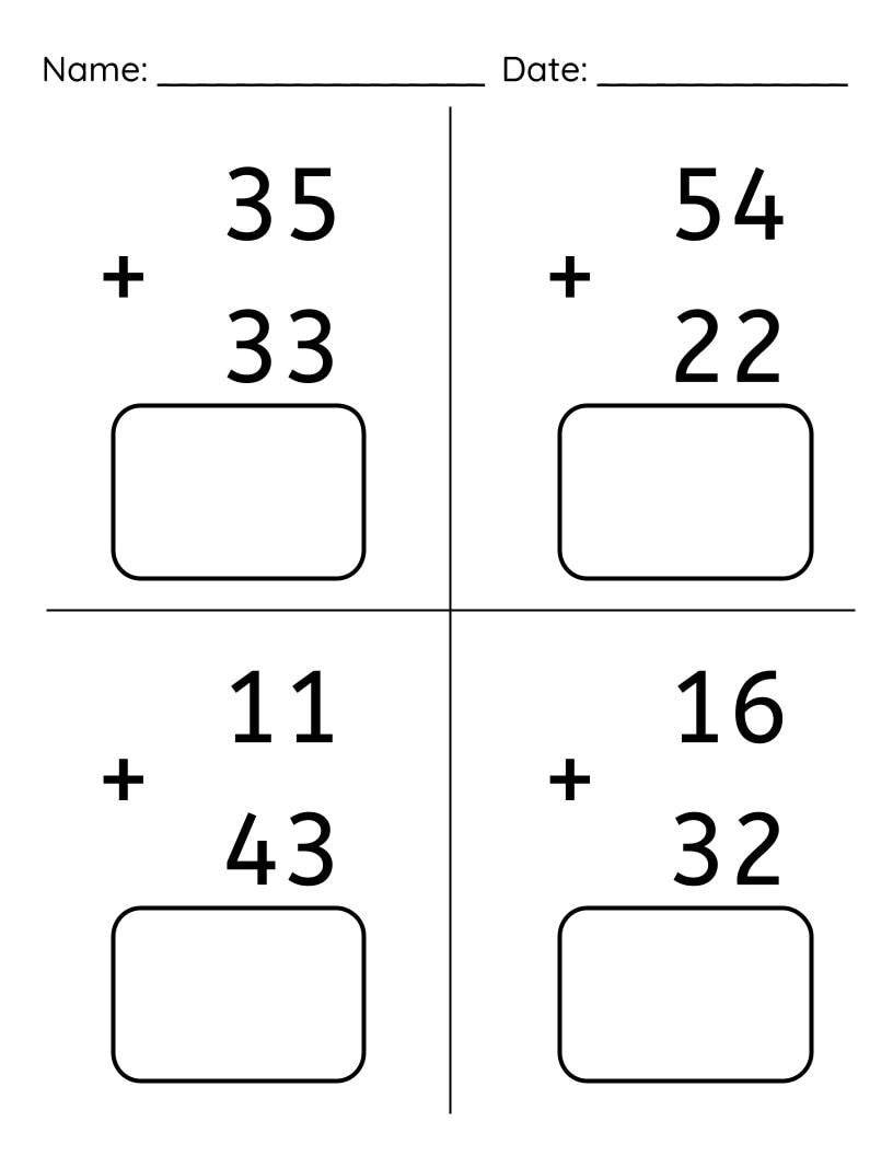 Printable Two Digit Addition No-regrouping Sums, Large Print, Grade 1 ...
